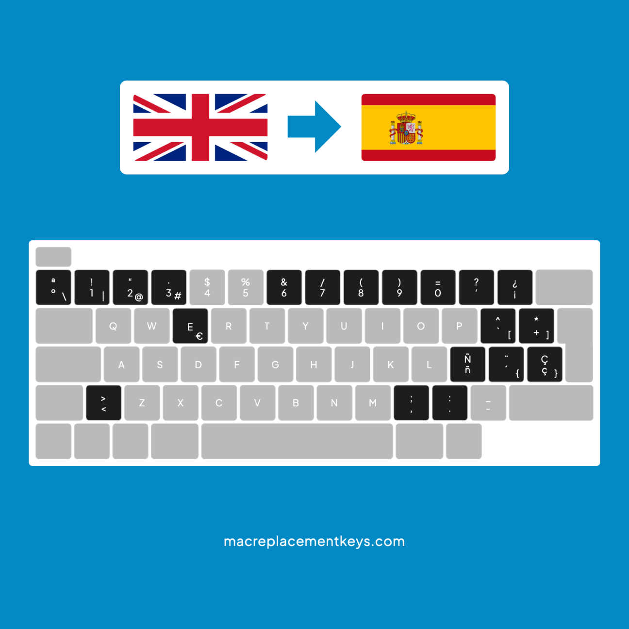 Mac Replacement Keys | UK to Spanish Layout Conversion Kit for MacBook ...