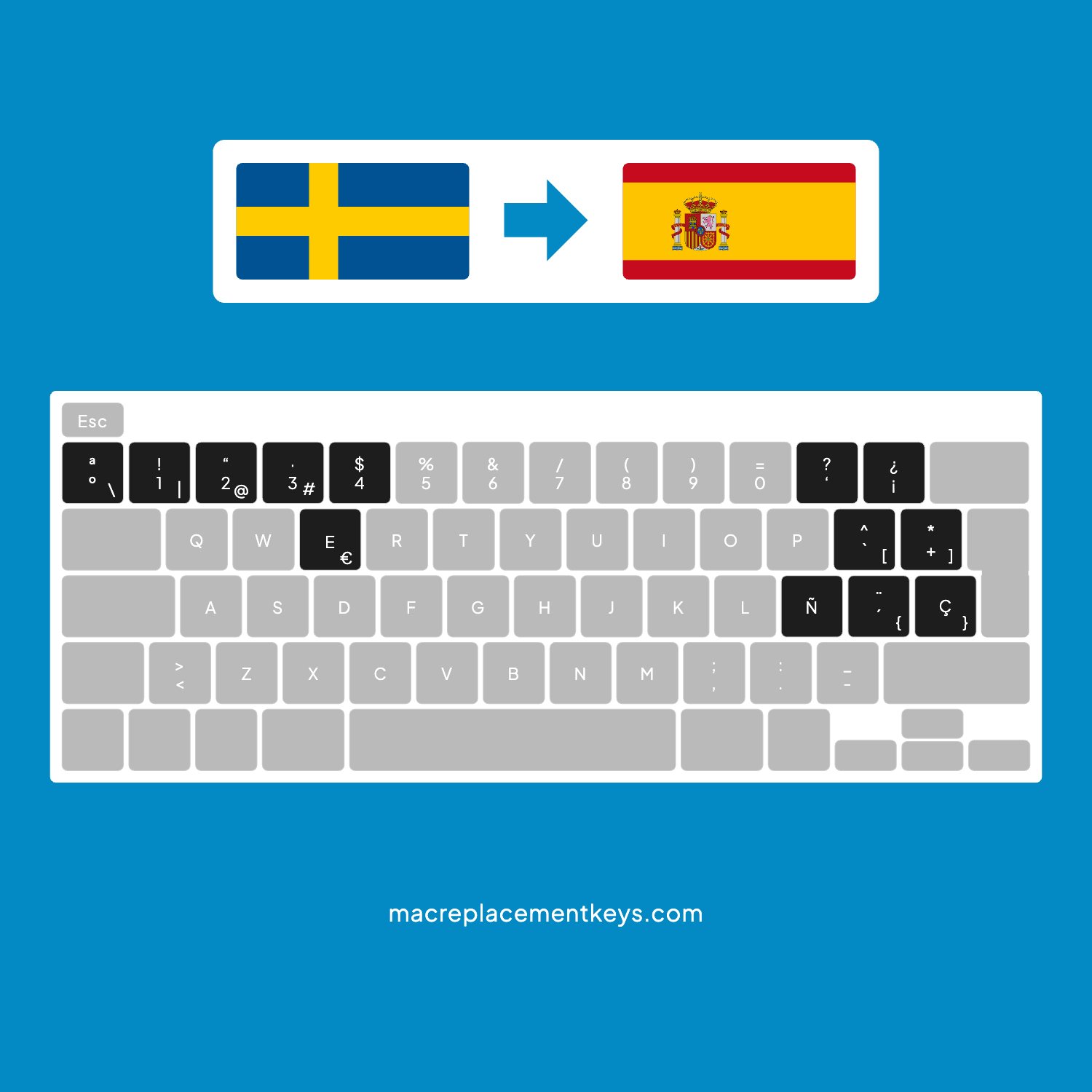 Mac Replacement Keys | Swedish to Spanish Layout Conversion Kit for ...