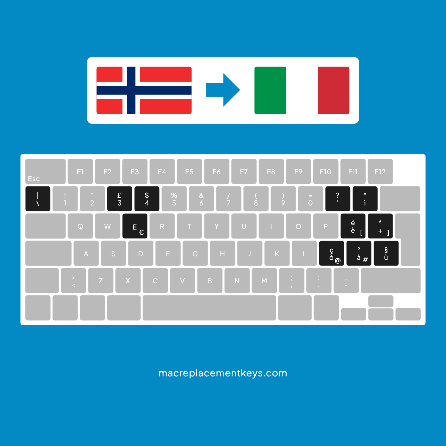 Mac Replacement Keys | Norwegian to Italian Layout Conversion Kit for ...